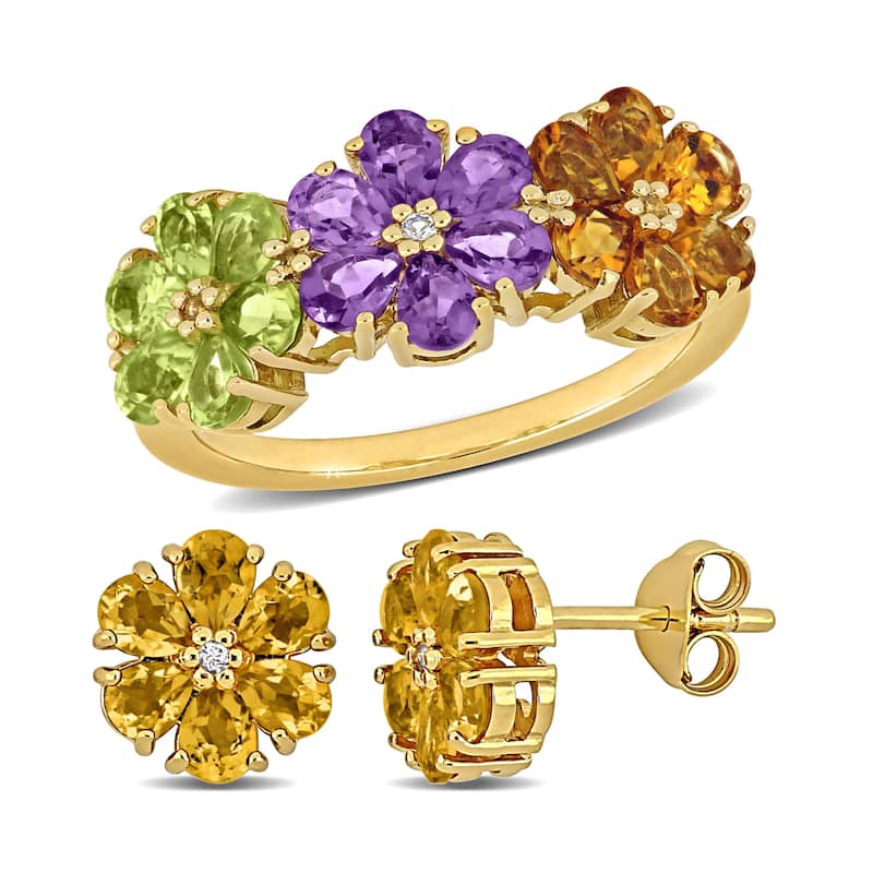 Miadora 4 2/5ct TGW Multi-Gem Flower Ring and Stud Earrings Set in ...