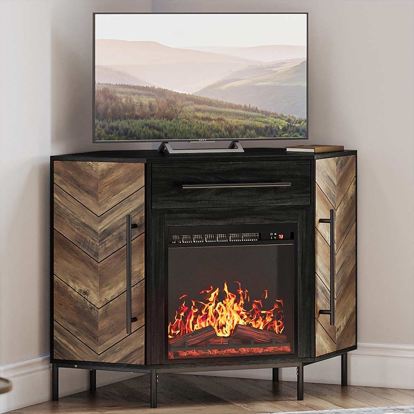 Belleze Corner TV Stand with 18 inch Electric Fireplace Media Console Table for TVS Up to 43 Inches Entertainment Center with Storage Cabinet for