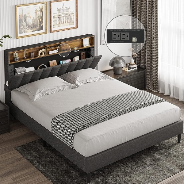 Platform Bed Frame with Storage LED Light Headboard and 2 USB - On Sale ...