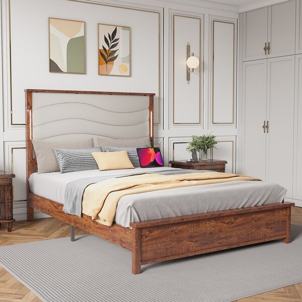 Queen King Size Bed Frame with MDF Wood Slats LED Lighting Headboard and Easy Assembly Design Bed Bath Beyond 42357767
