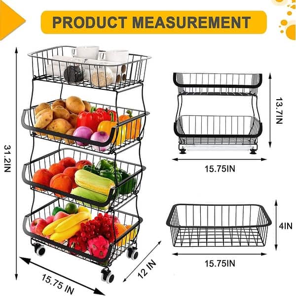 4 tier Stackable Metal Wire Fruit Vegetable Baskets Cart with Rolling ...