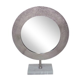 21" Round Mirror on Stand Contemporary Glam Hammered Silver Mirror on ...