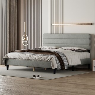 King Size Velvet Upholstered Platform Bed Frame with Headboard, Slats ...