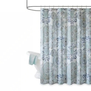 Blue Cotton Shower Curtain with Watercolor Paisley Floral Motif Pattern ...