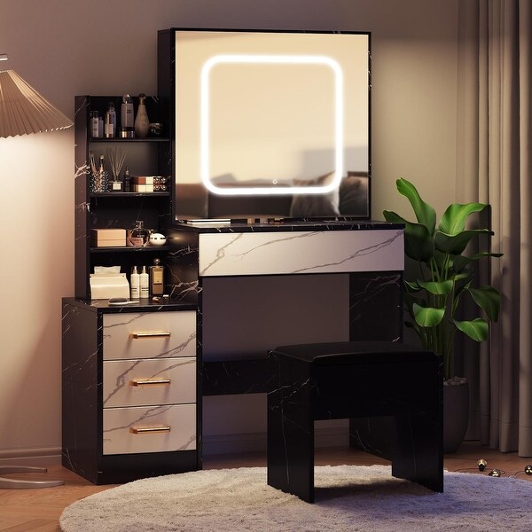 Electrical Outlet 4 Drawer Storage Cabinet Dresser with Sliding Mirror Lights Bedroom Dresser with Stool 3 Color Lighting Black