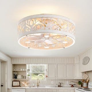 16.5 in Caged Ceiling Fan with Light and Remote, White Gold 7-Blade DC ...