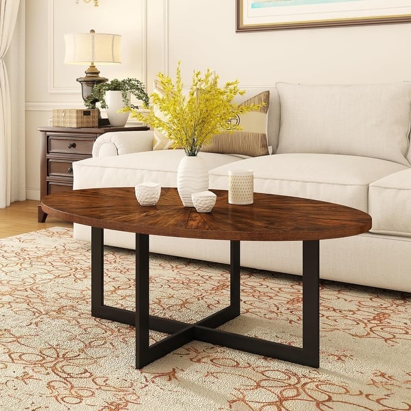 Solid Wood Contemporary Oval Coffee Table with Cross Metal Legs - Bed ...