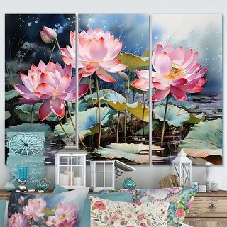 Designart "China Art Lotus Pond I" Chinese Canvas Wall Art Set - Bed ...