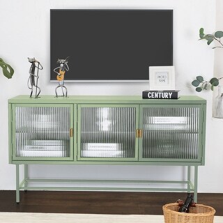 Fluted Glass Cabinet with 2 Fluted Glass Doors & Detachable Shelves ...