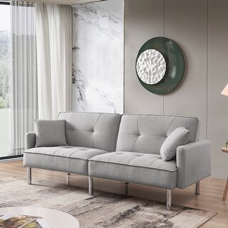 84.6" Extra Long Modern Tufted Light Grey Fabric Futon Adjustable Sofa ...