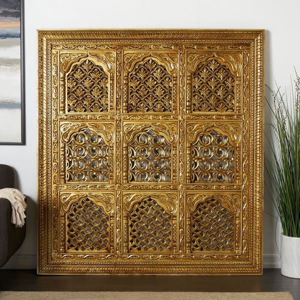 Gold Mango Wood Handmade Intricately Carved 9 Panel Scroll Home Wall ...