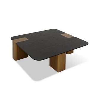 Cid Casy 39 Inch Coffee Table, Square Black Veneer, Brushed Gold Block ...