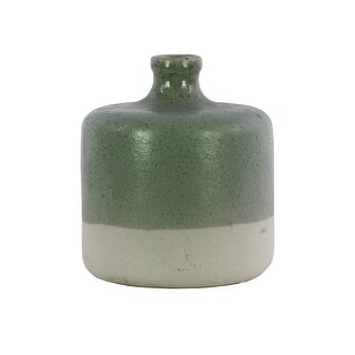 Ceramic Round Narrow Neck White Banded Rim Bottom Vase, Small, Green ...