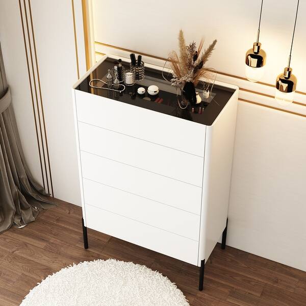 Dresser Chest Of Drawer with Glass Top and Jewelry Storage - 5 Drawers ...