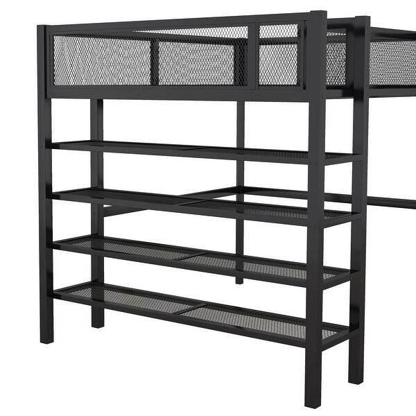 Full Size Metal Frame Loft Bed with 4-Tier Storage Shelves and Full ...