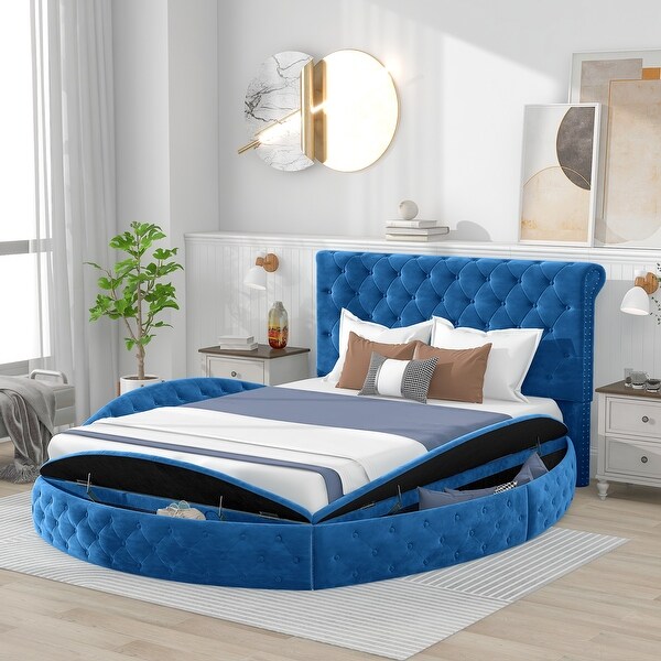 Queen Size Button tufted Round Platform Bed Velvet Upholstery Bed with Around Storage Section for Small City Aprtment Dorm Bed Bath Beyond 36809448