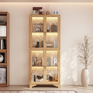 Wooden Storage Cabinet w/LED Backlight Glass Front Panels Bookcase ...
