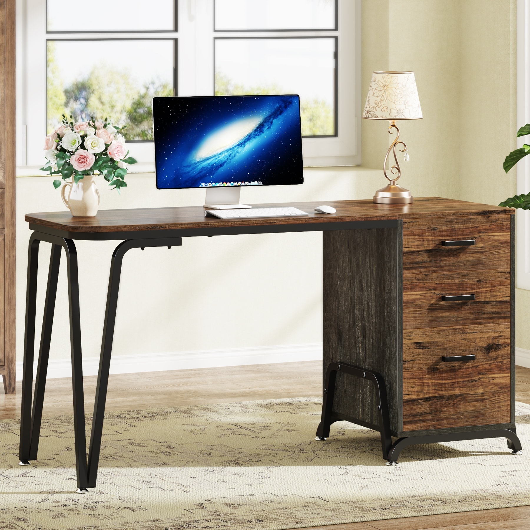 63" Computer Desk with Monitor Stand, Ergonomic Home Office Desks with ...