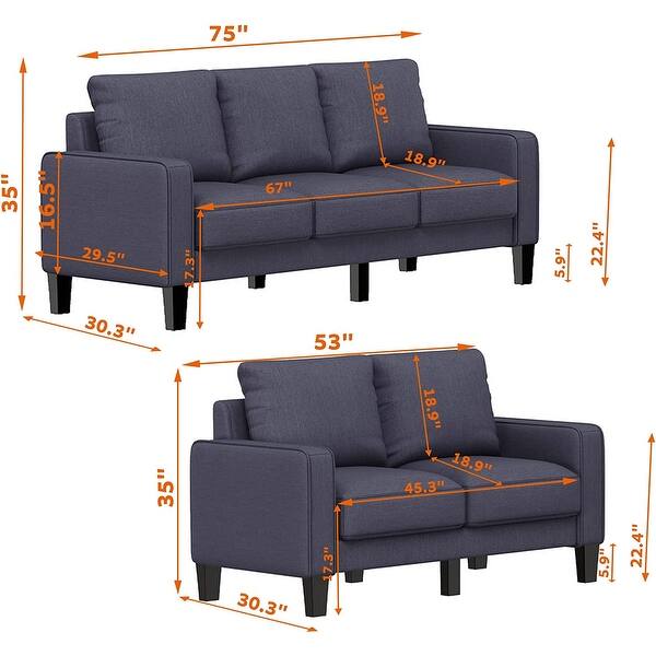 2 Piece Sofa Sets with Solid Wood Legs & Storage, Modern Upholstered 3 ...