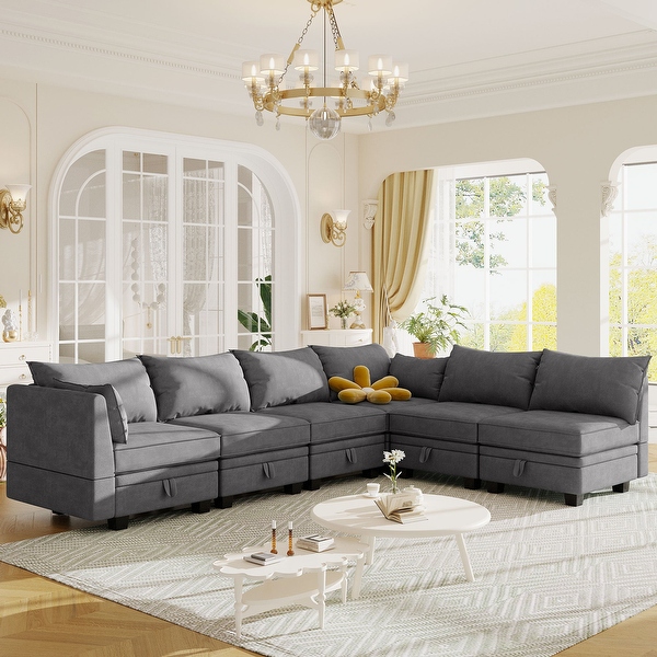 115 Linen Flared Arm Sectional Sofa with Reversible Chaise and Pillows Dark Gray