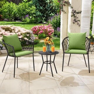 3 Pieces Rope Woven Patio Bistro Set with Round Wicker Table and Green ...