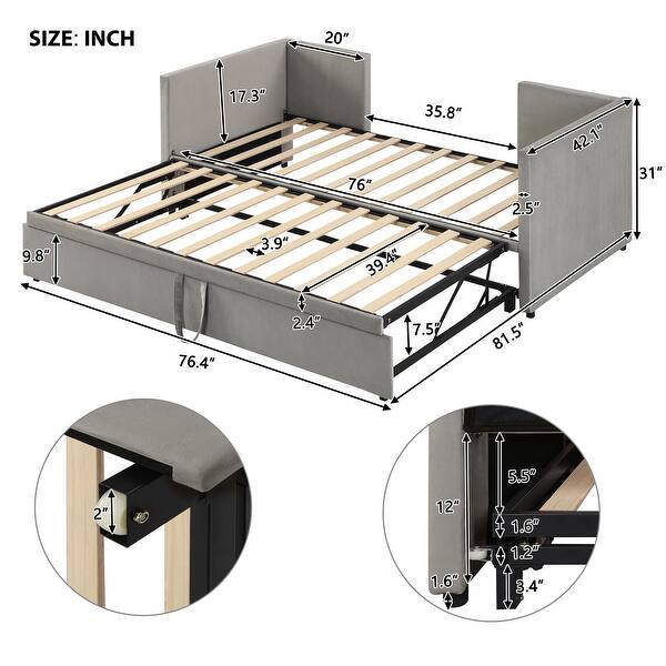 Twin Size Upholstered Daybed with Solid Wood Slats Support & Expandable ...