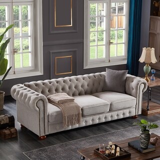 Modern Linen Fabric Light Grey Button Tufted Sofa w/Nailhead Armrests ...