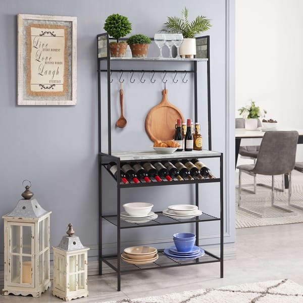 Bakers Rack with Storage Shelfs, Wine Rack and Hooks - Microwave Stand ...