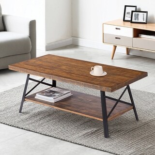 46" Cocktail Table Solid Wood, Steel Coffee Table with Shelf, Rustic ...