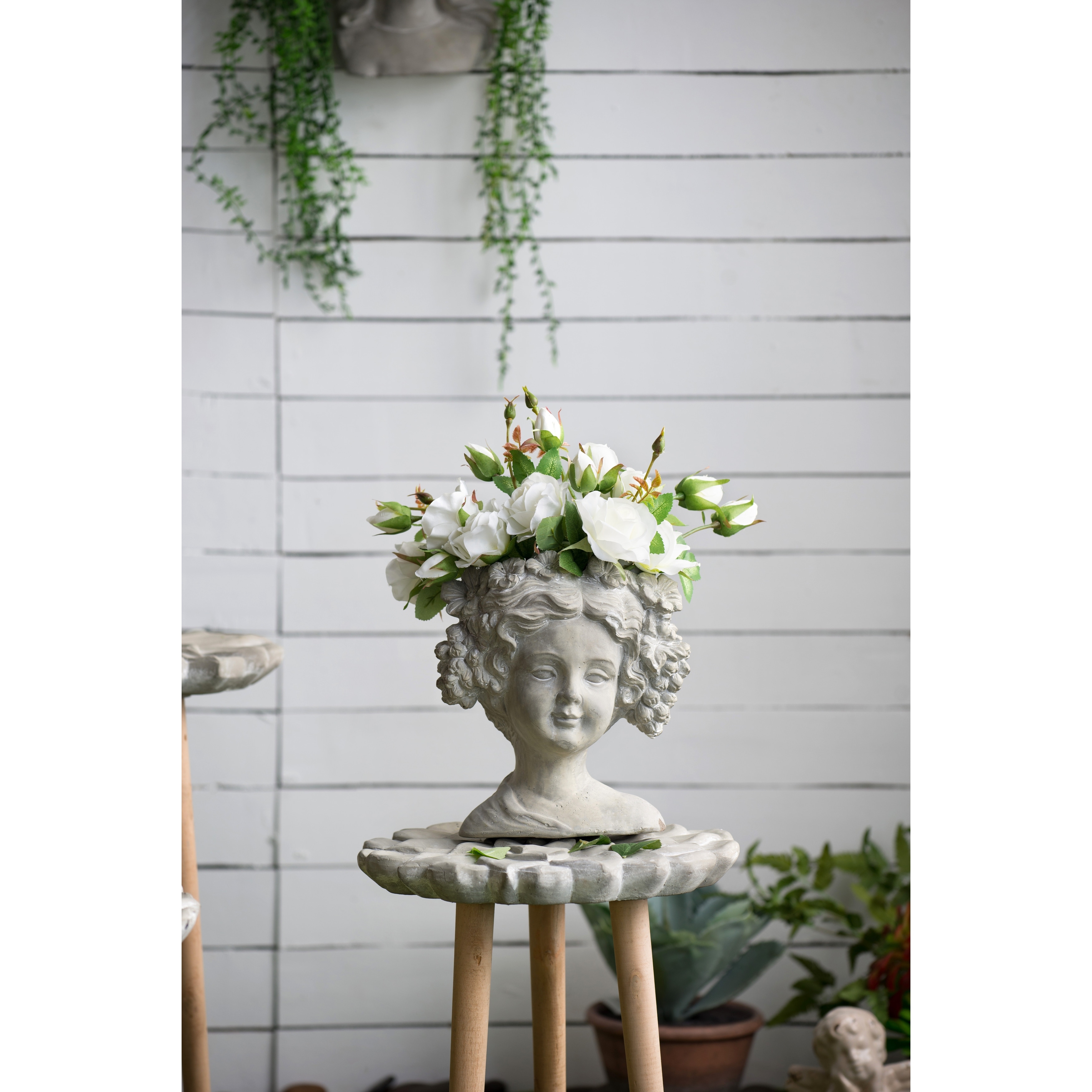Cement Bust Wall Planter Flower Wreath Cute Girl Bust Wall Planter ...