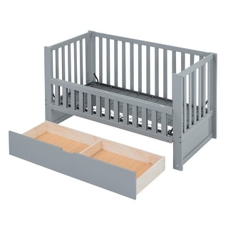 Toddler Bed Crib with Guardrail & Drawers & 3 Height Options, White ...