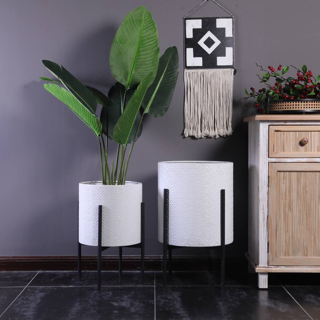 White Floral Stamped Metal Cachepot Planters with Black Stands (Set of ...