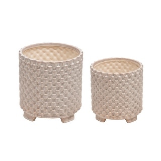 Set Of 2 Ceramic 6/8" Textured Footed Planter, White, , 8"H, - 7.75" x ...
