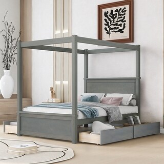 Wood Canopy Bed with Storage Drawers, Full Size Canopy Platform Bed ...