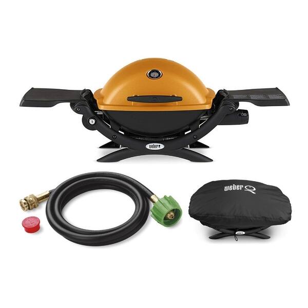 Weber Q1200 Liquid Propane Grill (Orange) w/ Hose and Grill Cover - Bed ...