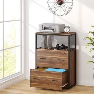 Walnut/ Black 2 Drawer Lateral File Cabinet with Open Storage Shelves ...