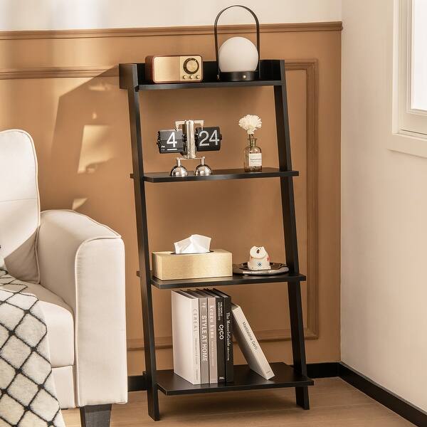 4Tier Ladder Shelf Leaning Bookshelf Anti-falling Baffle Wood Bookcase ...