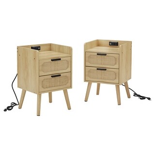 Wood Natural Handmade Rattan Bedside Tables with Socket and 2 USB Ports ...