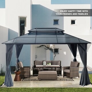 10'x13' Patio Hardtop Gazebo Double Roof Canopy with Curtains and ...