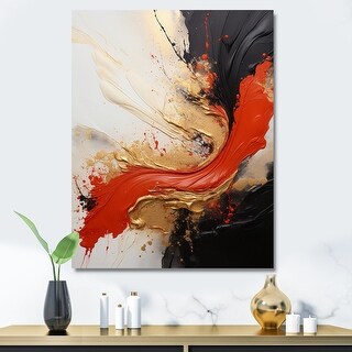 Designart "Midnight Passion Abstract Wave Scarlet & Gold I" Abstract ...