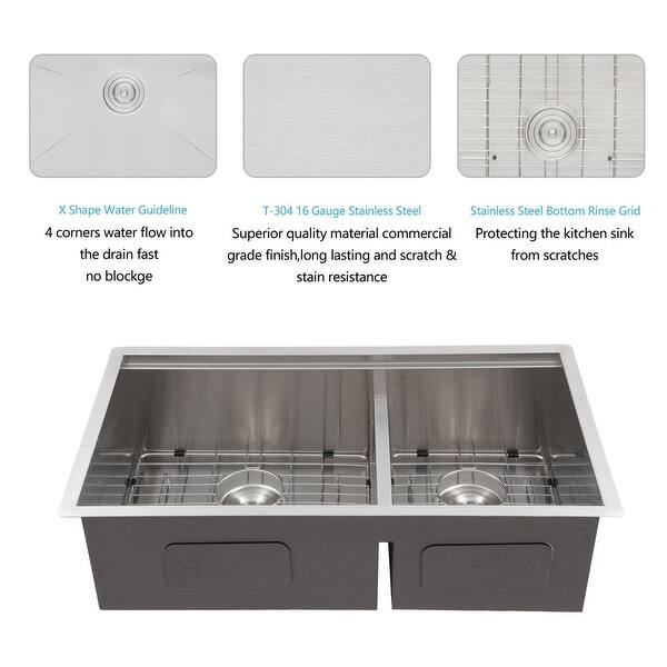 33 Inch Undermount Kitchen Sink Low Divide Double Bowl 50/50 Prep ...
