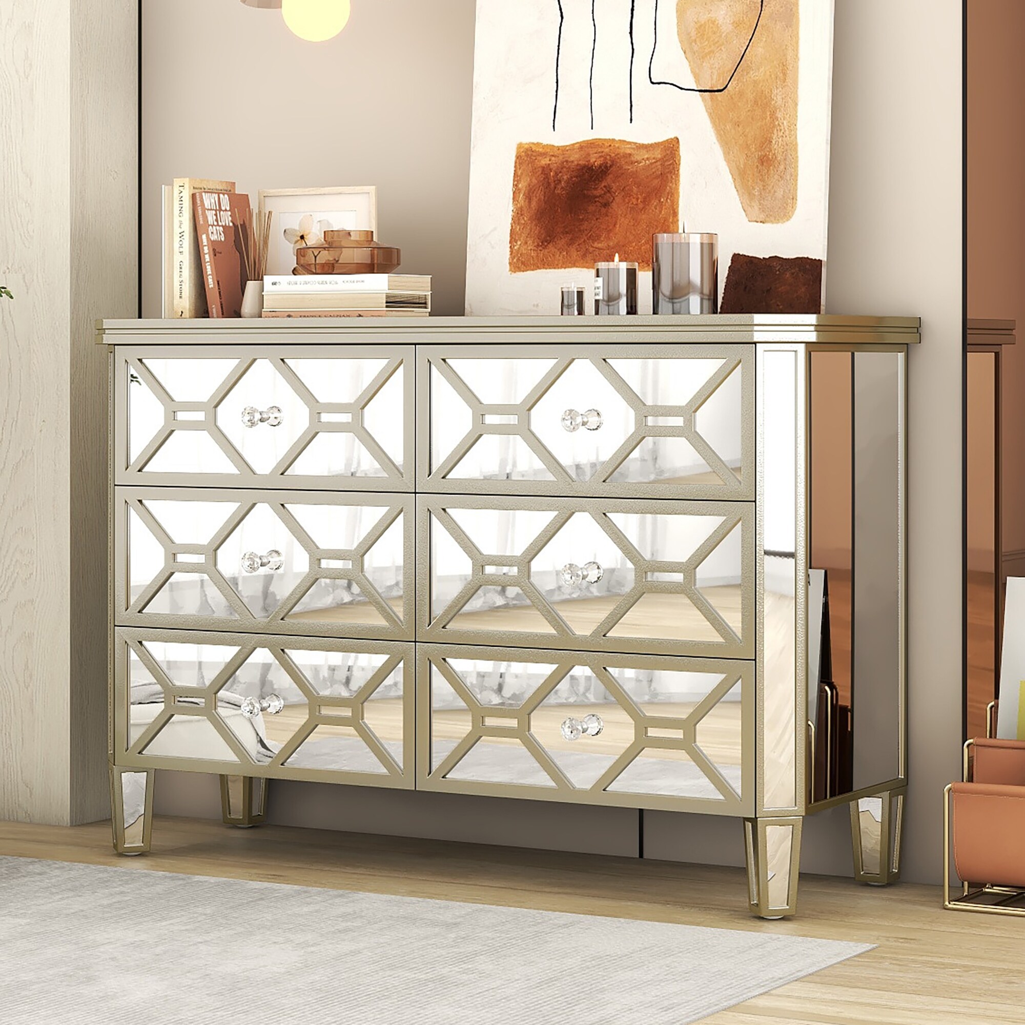 Silver Refined Gold Mirror Finish 6 Drawer Dresser with Chic Trimming for Bedroom and Living Room Bed Bath Beyond 38354412