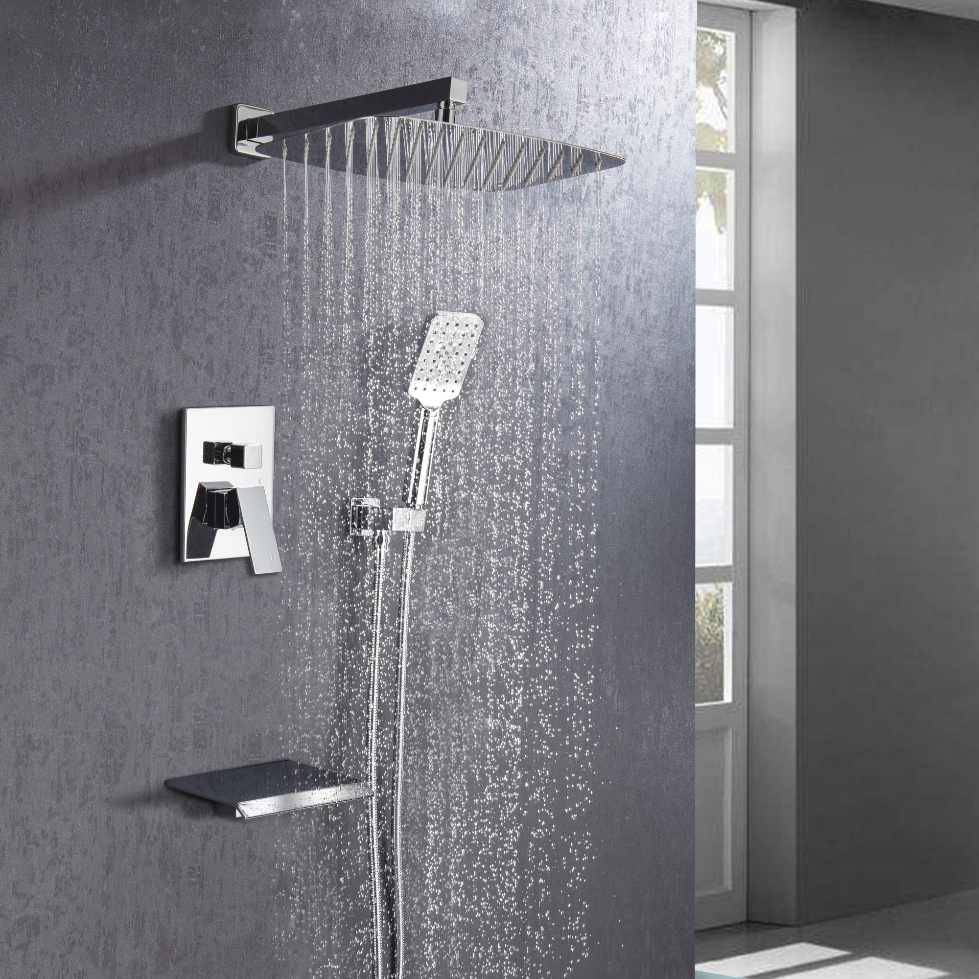 Rainlex Wall Mounted Multi Functions 12 Rainfall Shower Head Chrome