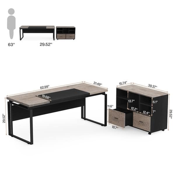 63" L-Shaped Corner Executive Computer Desk and Rolling File Cabinet ...
