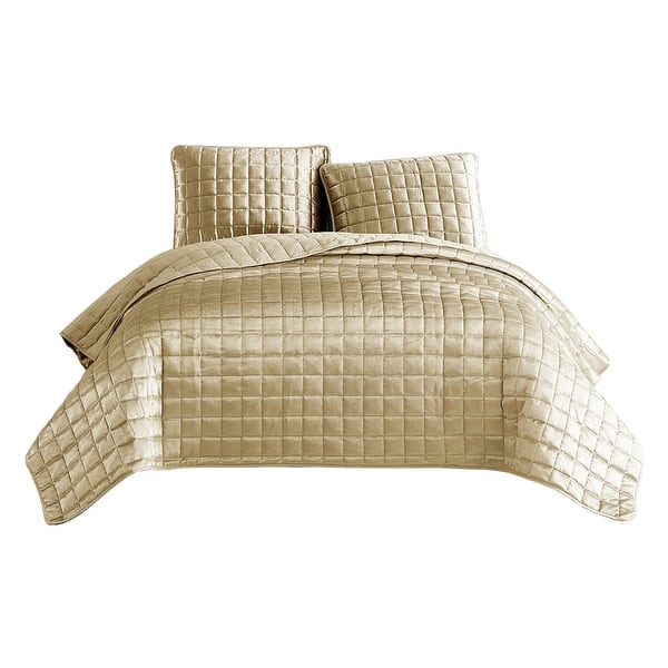 3 Piece Queen Size Coverlet Set with Stitched Square Pattern, Gold ...