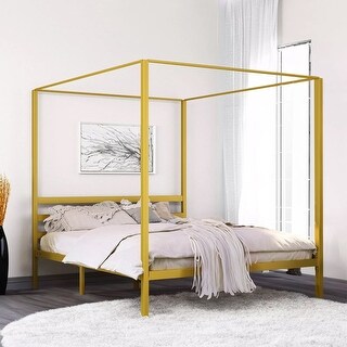 Golden King Bed Frame Canopy Sturdy Metal Slats & Underbed Storages ...
