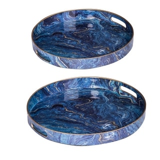 Set of 2 Round Accent Trays, Tabletop Decor, Marbling, Blue, Gold ...