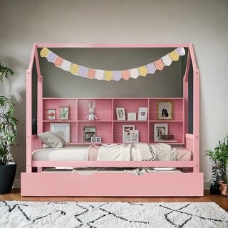 Twin Size Wooden Kids House Bed with Trundle and Shelf Pink - Bed Bath ...