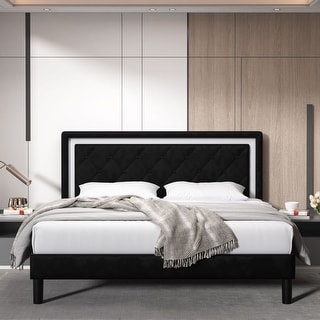 Black Bed Frame with Upholstered Headboard and Wooden Slats Support ...