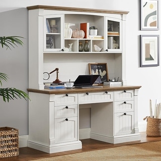 Farmhouse Computer Desk with Hutch, Wood Home Office Desk - Bed Bath ...